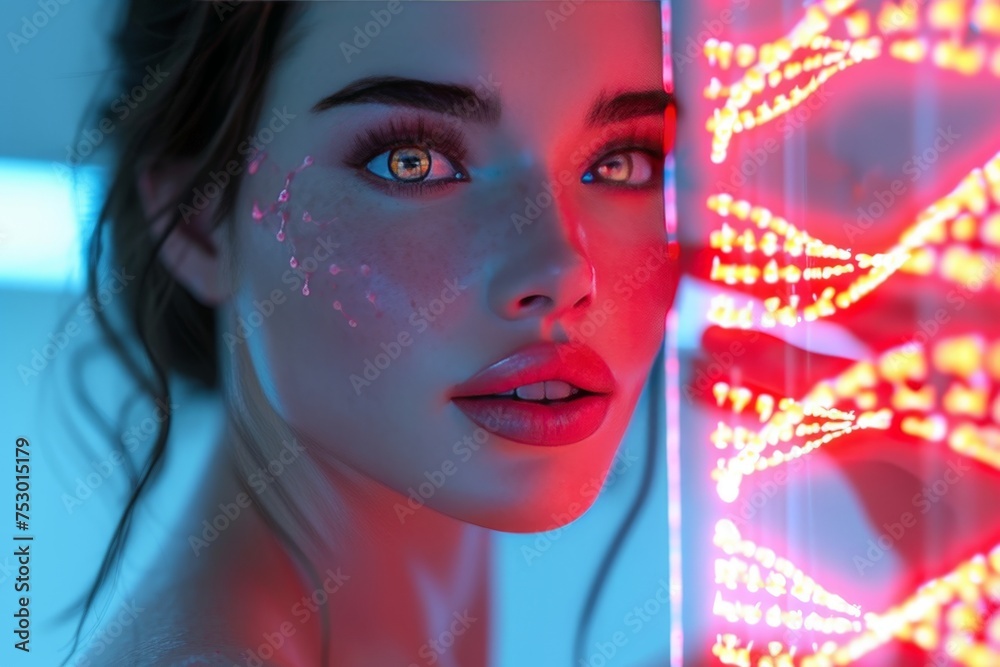 Researcher holding up a hologram modern virtual screen dna strand in ...