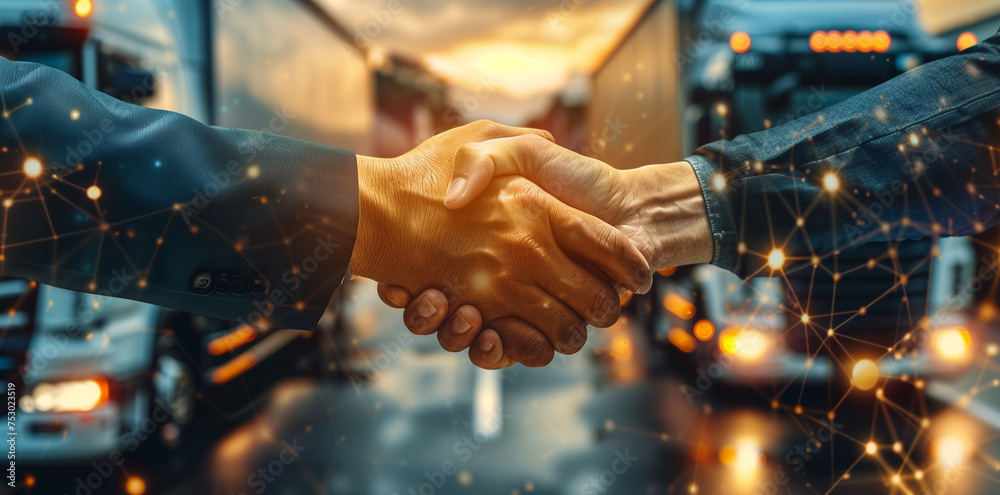 Sealing the Deal: Handshake Amidst Industrial Ambiance. Trucks, Roads ...