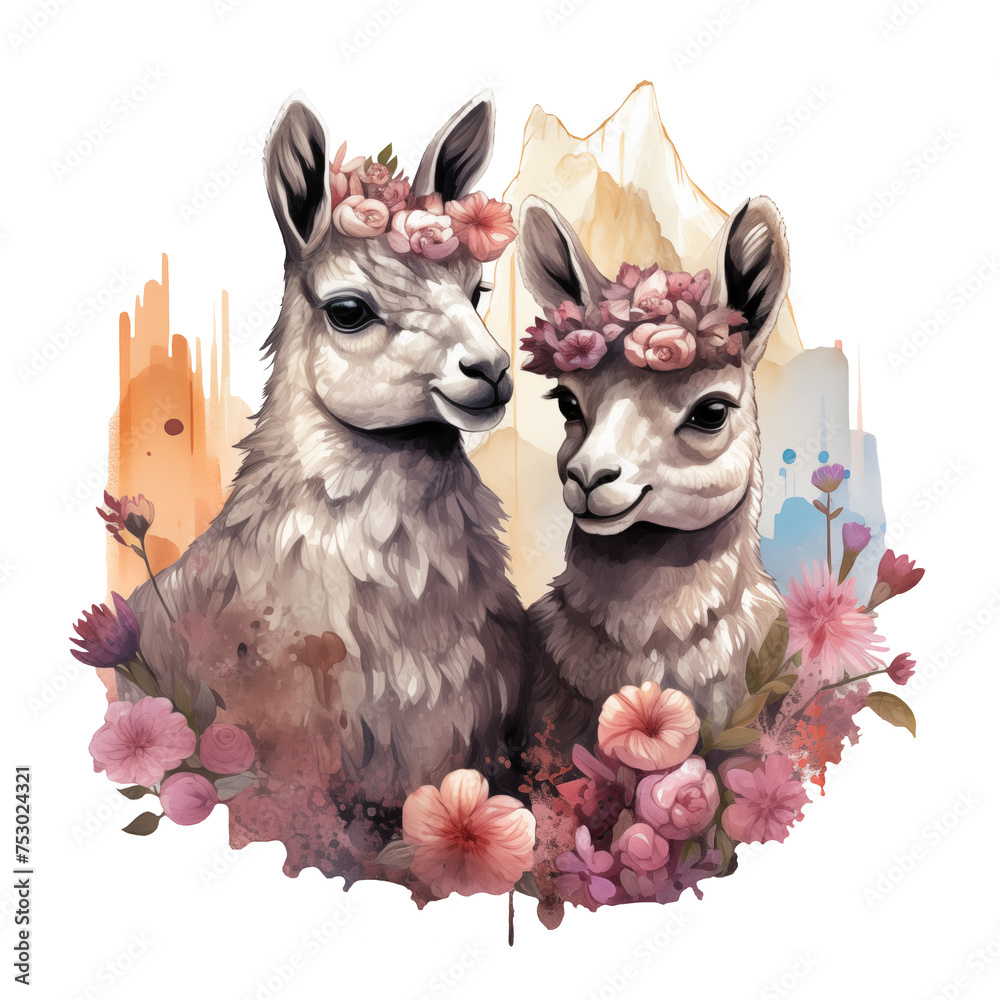 portrait of two cute llamas with flowers, isolated on a transparent ...