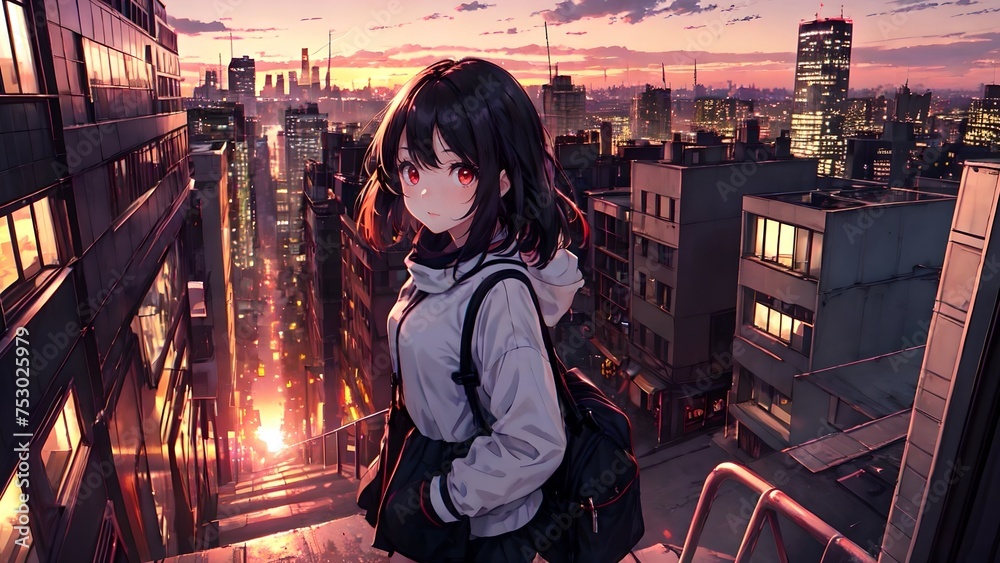 Anime girl standing on the roof of a multi-story building, PC wallpaper ...