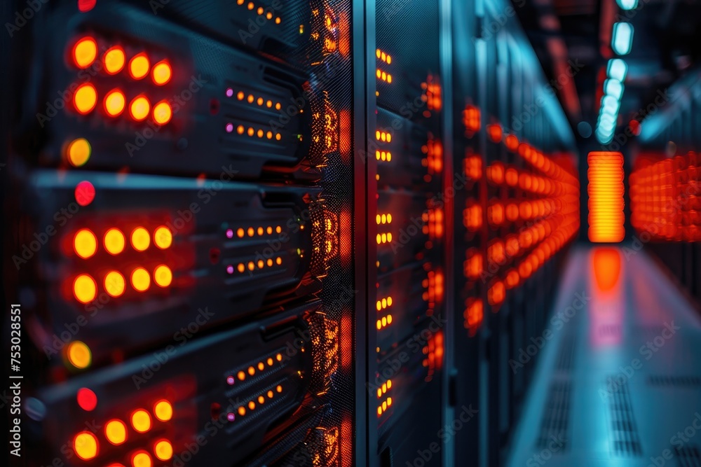 An aisle between high-tech server racks in a data center, illuminated ...