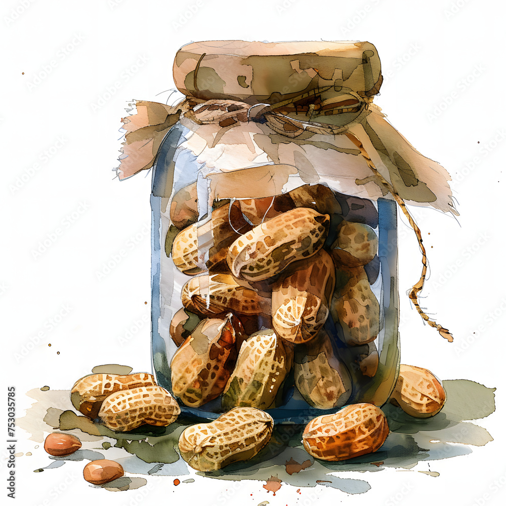 Peanuts seeds on a jar illustration, grains, full body, watercolor ...