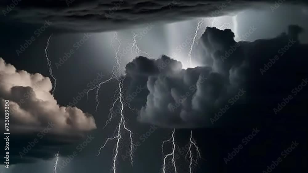 Animation of black air clouds in dark overcast sky with thunder and ...