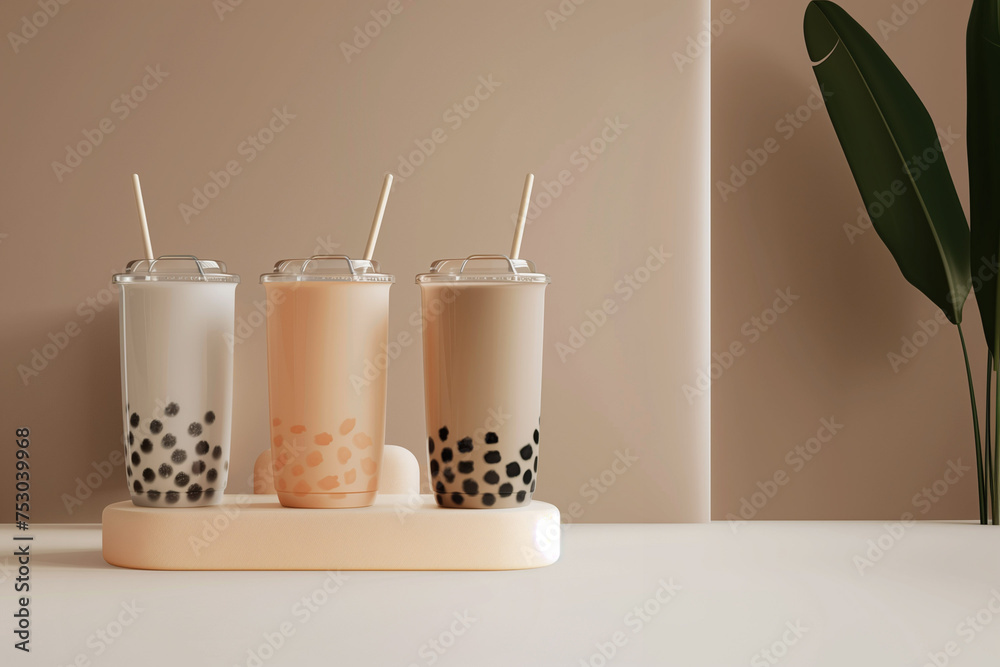 Milk tea boba drink in plastic cups in soft light modern setting and ...