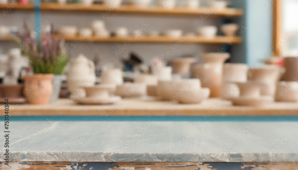 Empty table in ceramic workshop and local commercial interior selling ...
