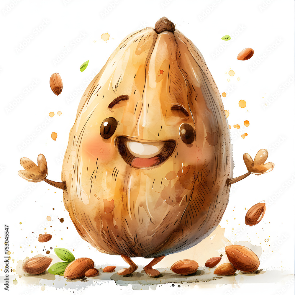 almonds grains cute cartoons full body watercolor illustration single ...