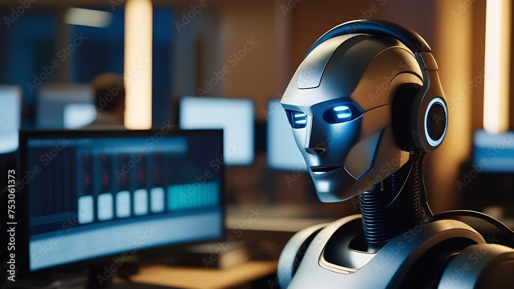 Humanoid robot works in the office as a call center operator Stock ...