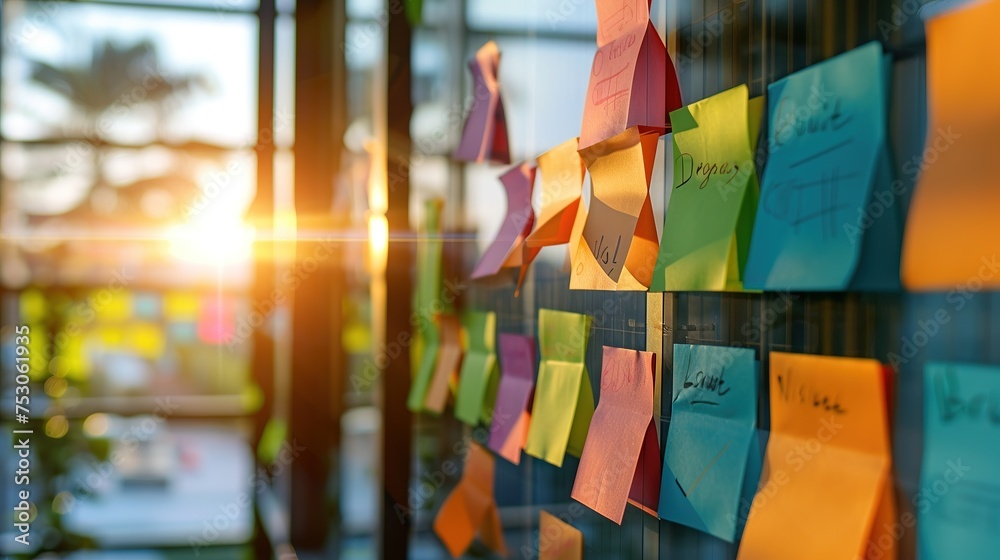 Multi-colored paper notes, stickers, sticky sheets and tape of to-do ...