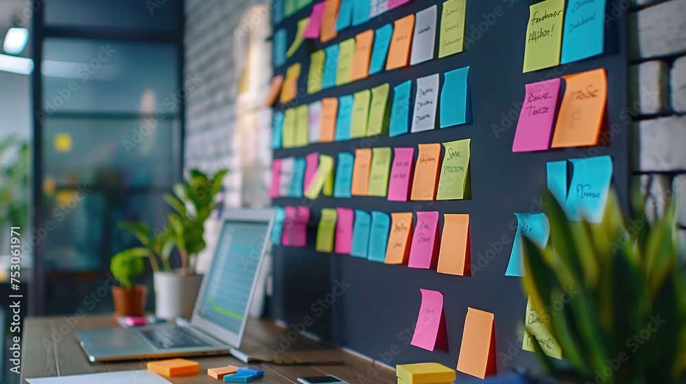 Multi-colored paper notes, stickers, sticky sheets and tape of to-do ...