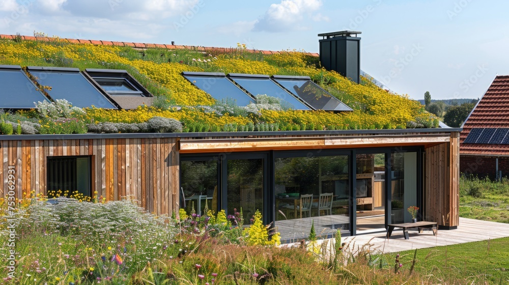 Green roof and photovoltaic panels on the roof of an ecological ...
