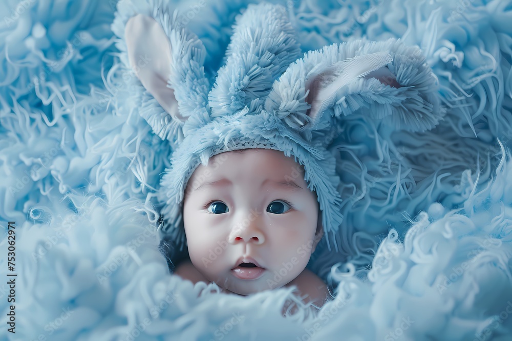 In a world of baby blue, the most adorable baby wears a fluffy bunny ...