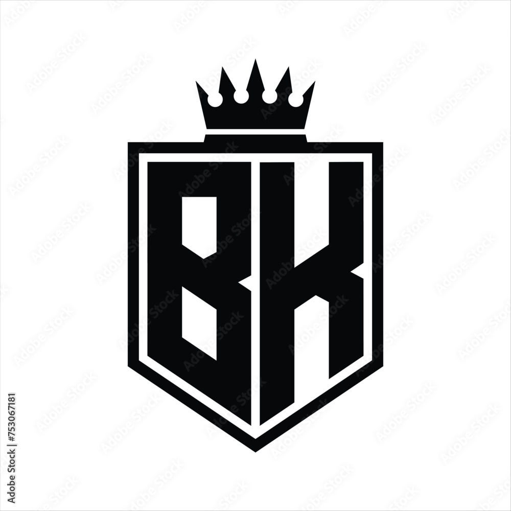 BK Logo monogram bold shield geometric shape with crown outline black and white style design ...