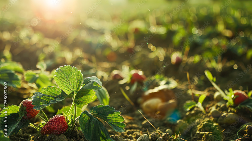 strawberry bushes in the garden. New crop of sweet fresh open red ...