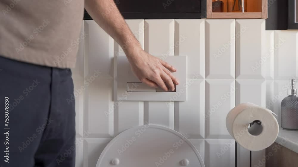 Concerned about water conservation, the man pressing button the eco ...