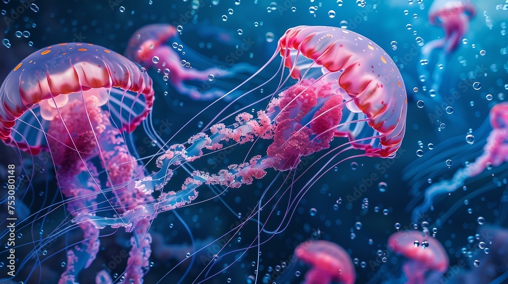 Vibrant jellyfish swimming underwater, marine life ecosystem. digital ...