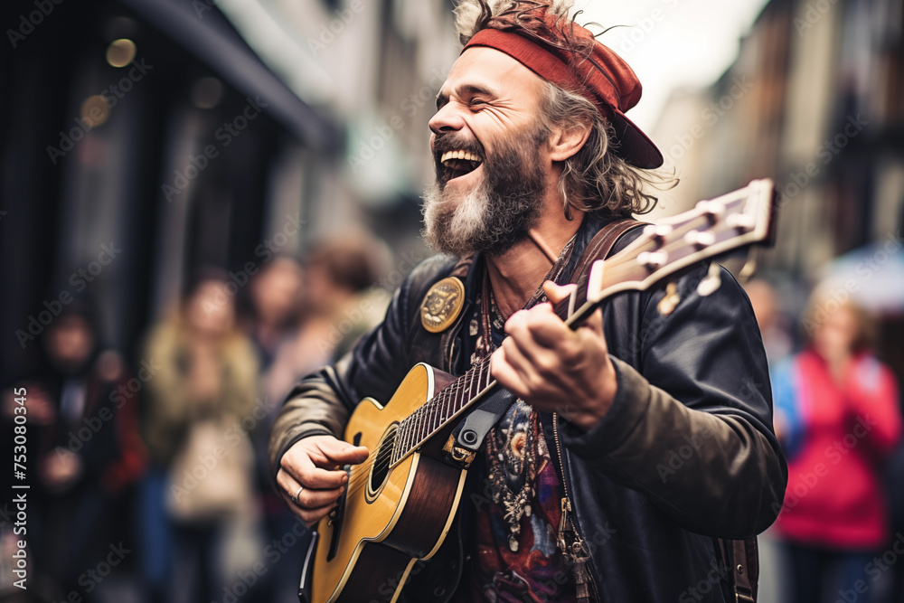 Cheerful street performer, entertaining a crowd with their captivating ...