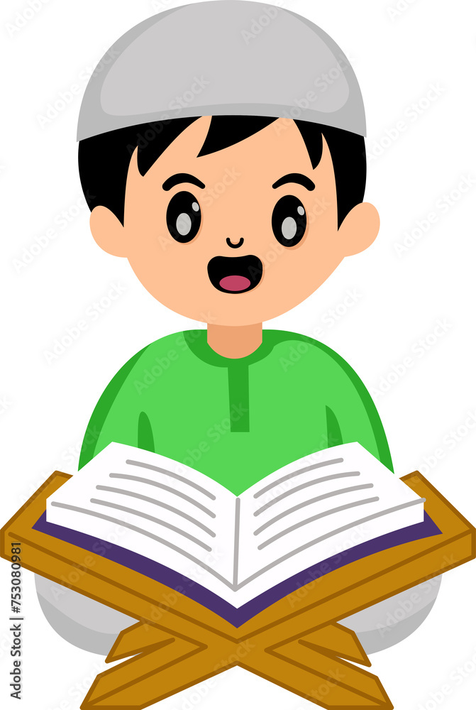 cute cartoon muslim kid boy reading holy Quran in month ramadan fasting ...