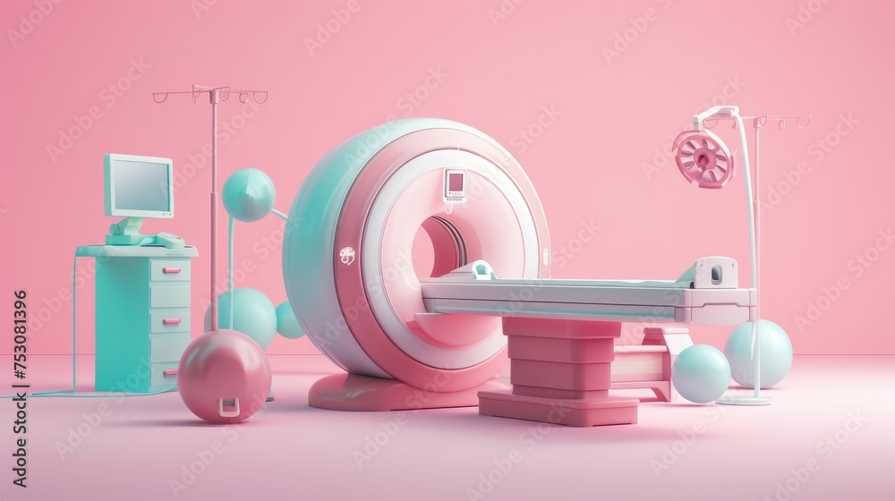 A 3D illustration of a medical MRI scanner in a stylized pink treatment ...