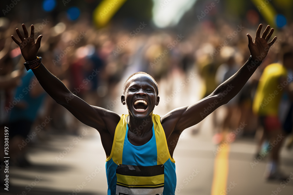 Jubilant marathon runner, crossing the finish line with arms ...
