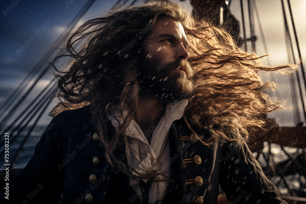 Daring pirate captain, standing proudly on the deck of his ship, with ...