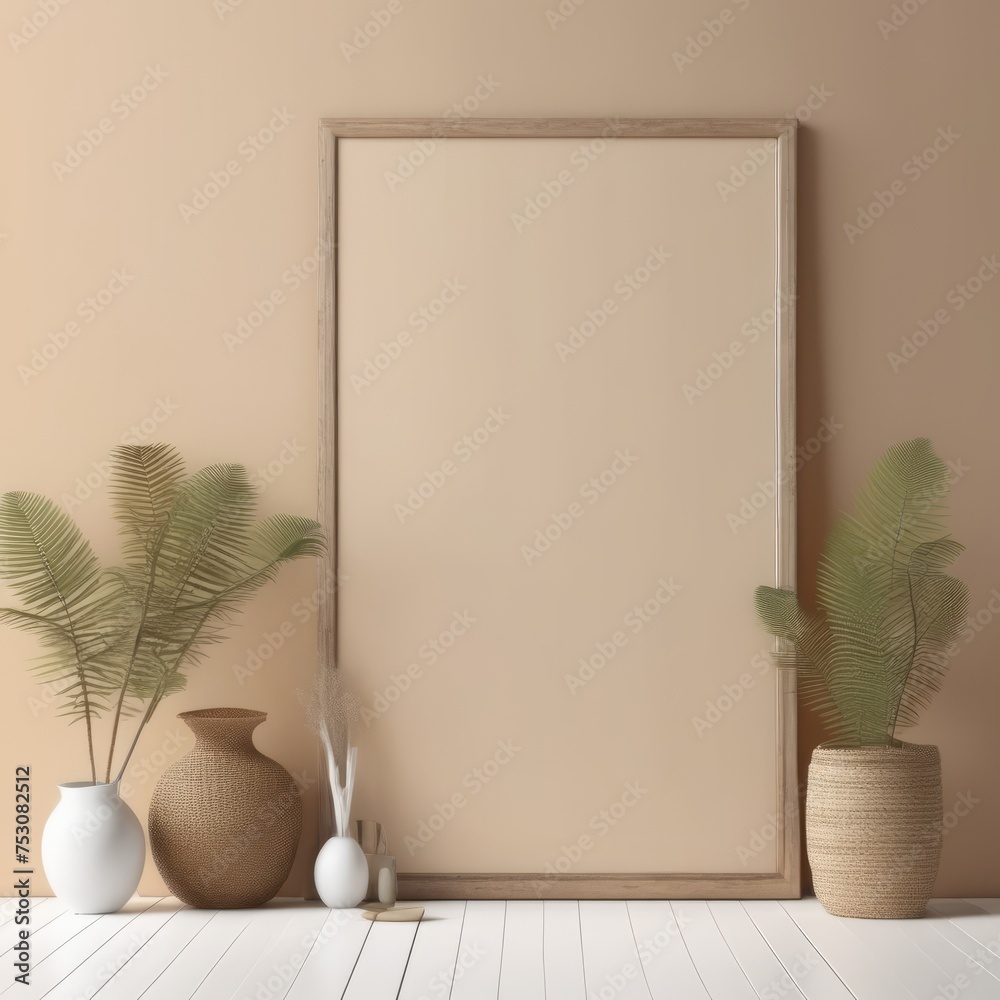 mockups in a minimalist interior with beige background, 3d rendering ...