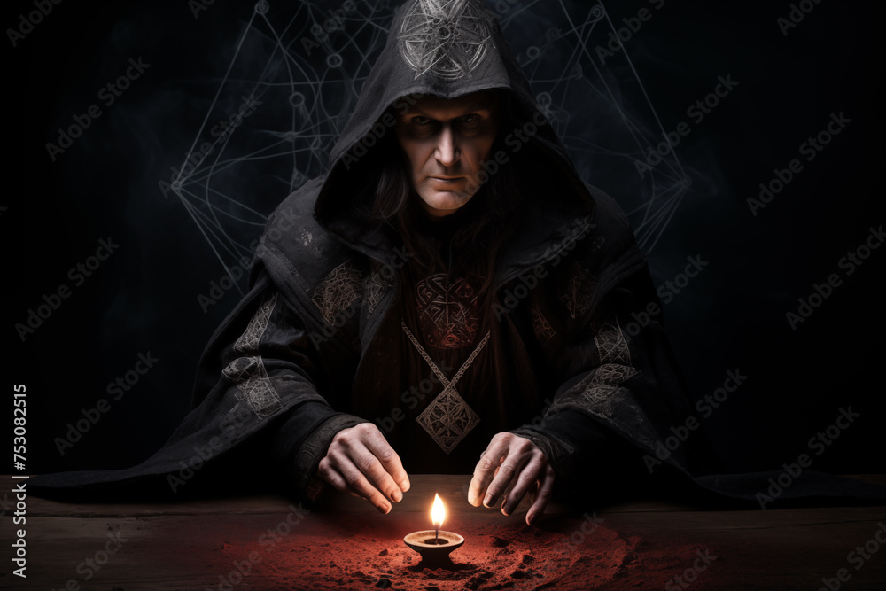 Cult member, mysterious man in hood casting a spell with fire and ...