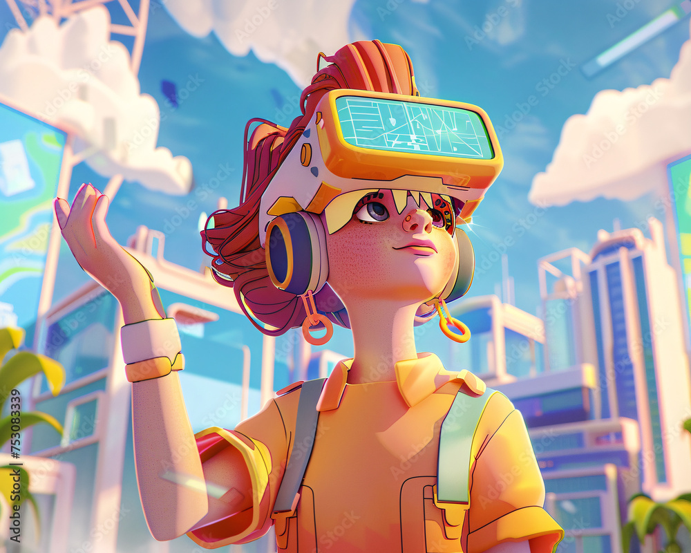 3D cartoon with AR-inspired interactive elements, blending past and ...