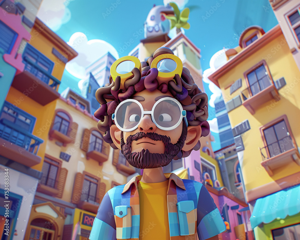 3D cartoon with AR-inspired interactive elements, blending past and ...