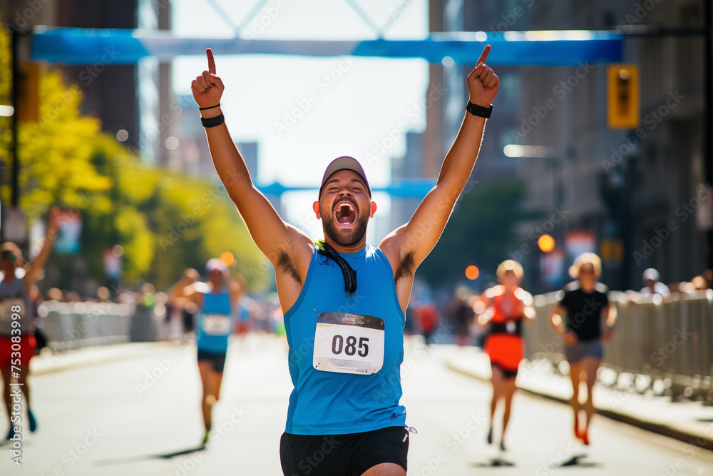 Excited marathon runner, crossing the finish line with arms ...