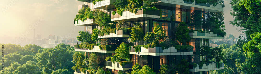 A vertical forest skyscraper, with balconies overflowing with greenery ...