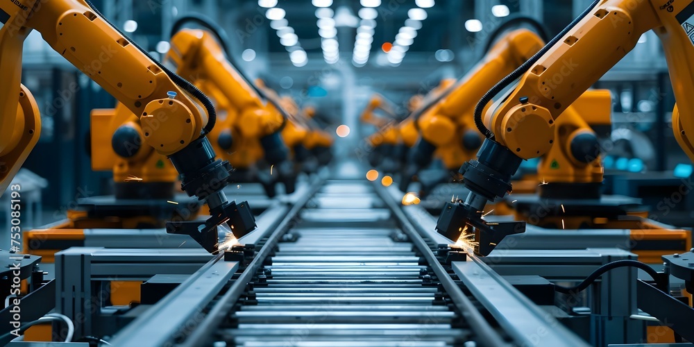 Busy factory floor with robot arms assembling products creating sparks ...