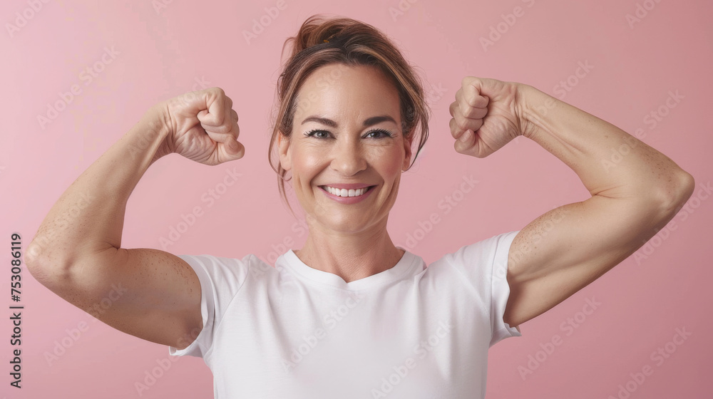A happy person flexing their muscles in a display of strength and ...