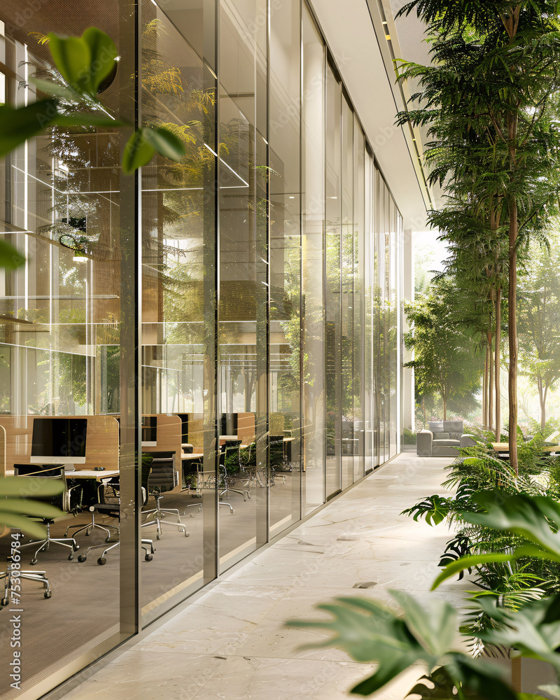 Contemporary office with transparent glass walls, surrounded by natural ...