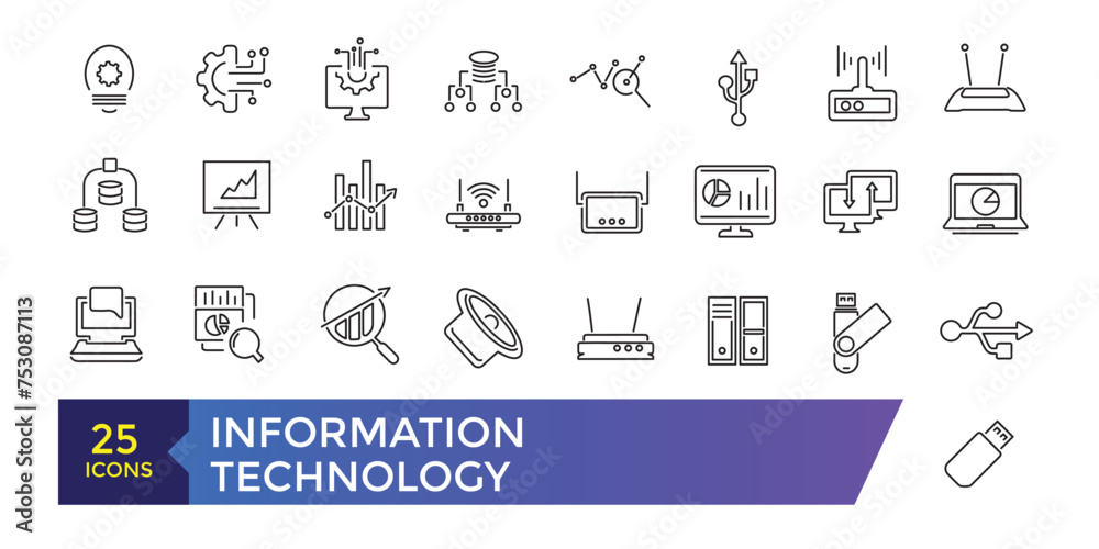 Information technology Machine learning, data analysis thin line icons ...