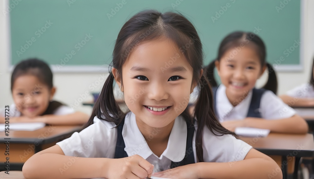 Portrait of cute Asian kid, child in school, classroom. Stock Photo ...