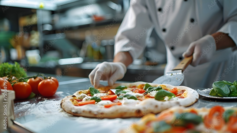 Pizza chef finishing the preparation of a tasty pizza in professional ...