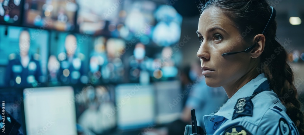 Security guards monitoring traffic in control room with video wall for ...