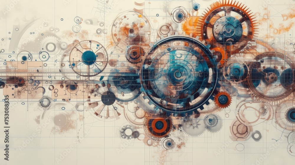 Technical blueprint explaining the gears, cogs inner mechanisms of an artist AI algorithm. Stock ...