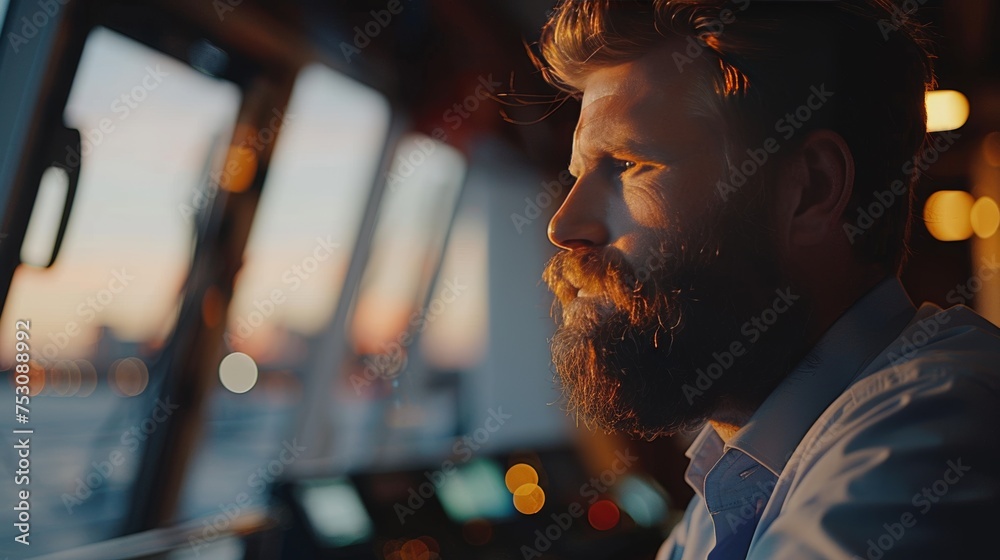 Cruise ship captain and navigation officer on bridge overseeing cargo ...
