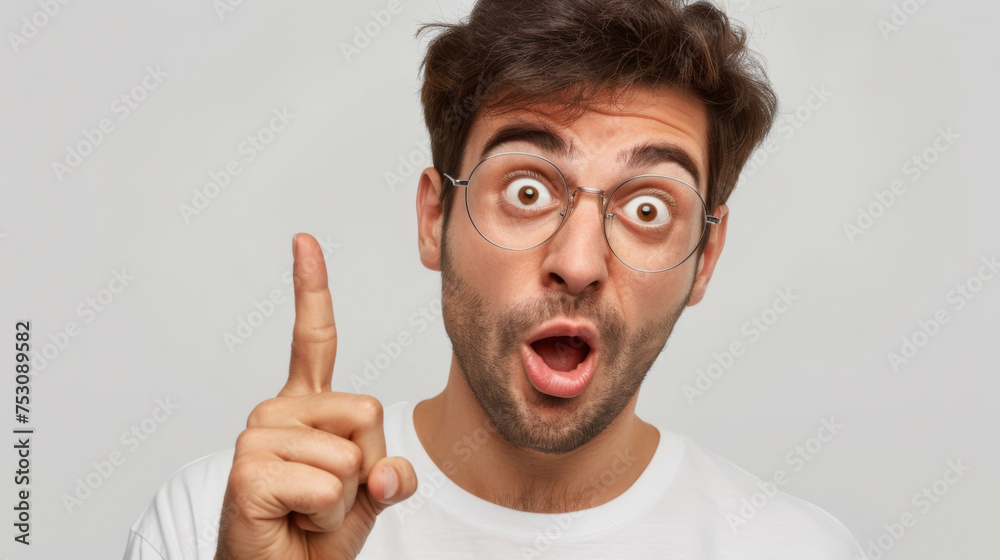 surprised young man with glasses is pointing at something out of frame ...