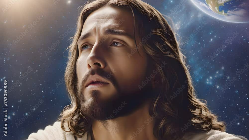 Jesus' face was sad looking at the earth and the universe Stock Video ...