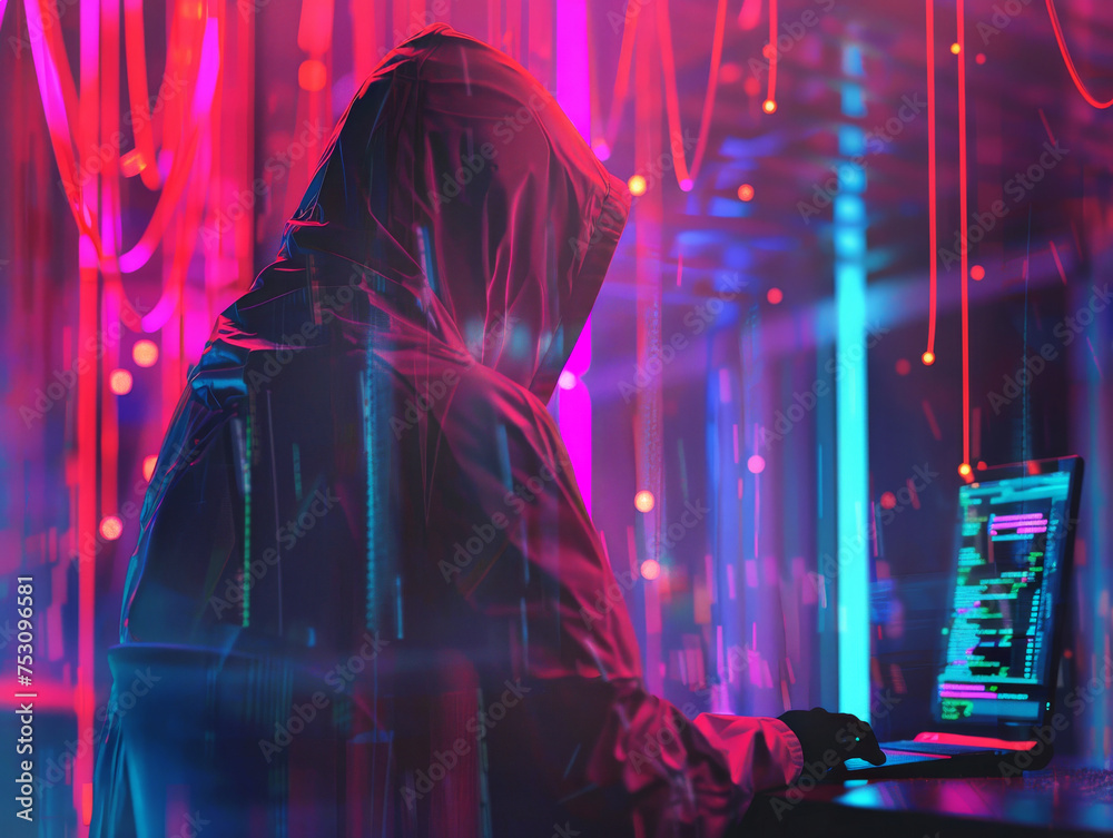 In a cloak of shifting neon pastel a hacker moves unseen a ghost in the ...