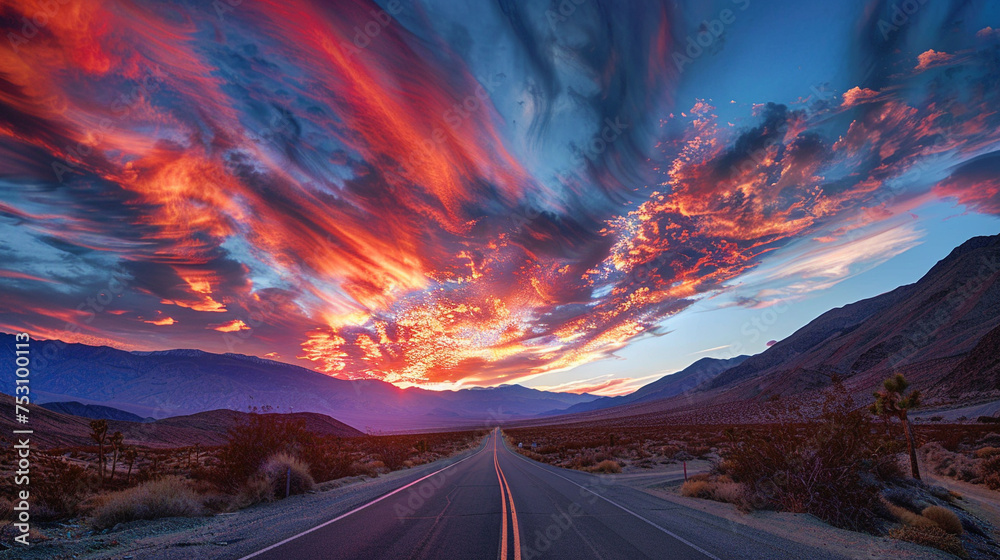 Scenic desert road at sunset with fiery clouds and distant mountains ...