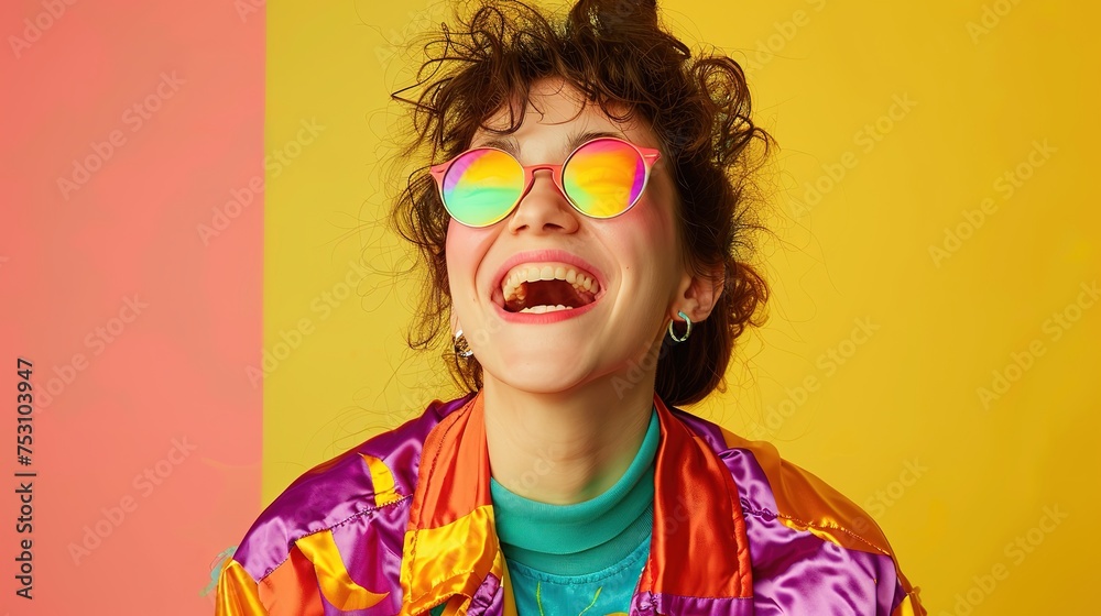 Surrealistic depiction of a young happy woman laughing in vibrant 80s ...