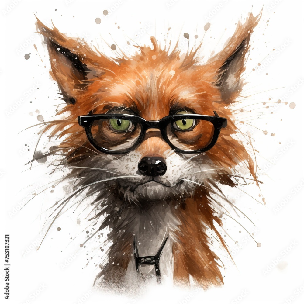 A digital painting of a red fox wearing round glasses. The fox is ...