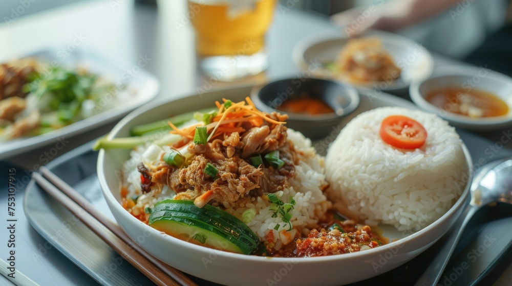 Food dishes on board plane rice and curry, Asian cuisine. generative AI ...