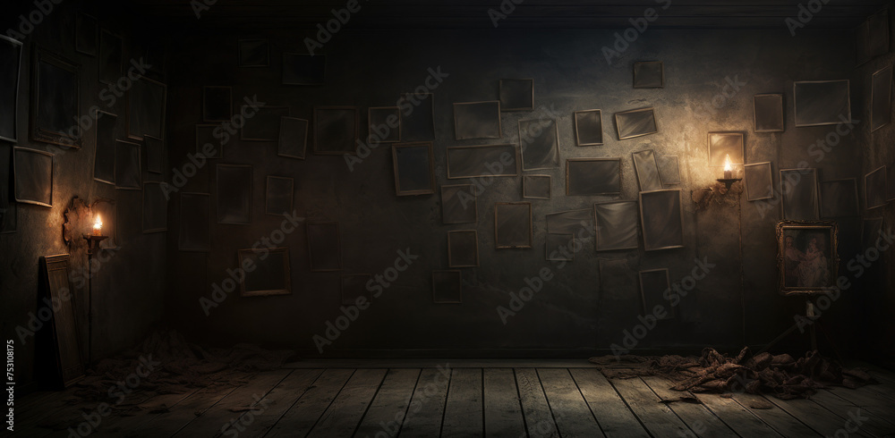concept illustration of empty abandoned dark room with dimly lit ...