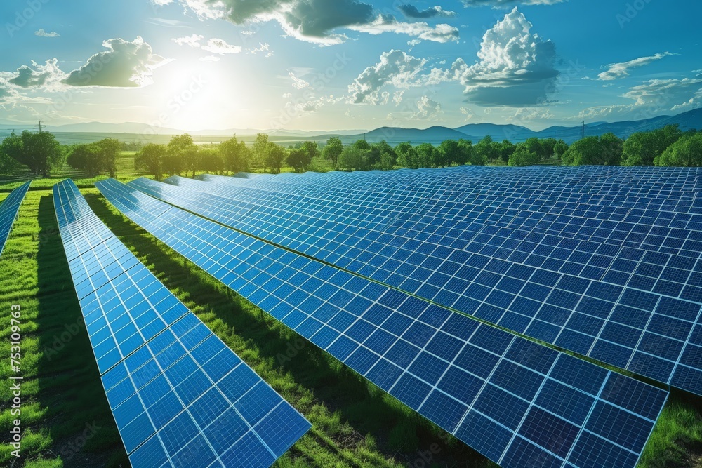 Capture a landscape featuring a solar farm stretching towards the ...
