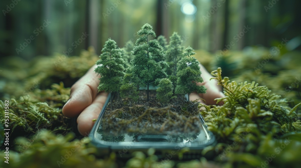 Virtual modern smart phone used by businessman with team to reduce CO2 ...
