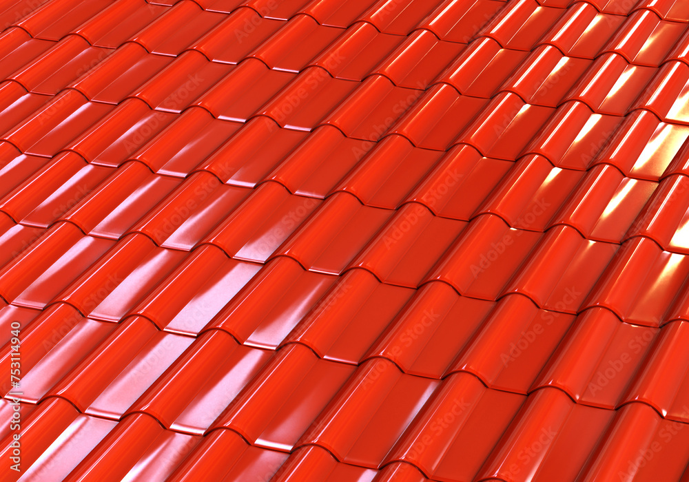 Red roof of building. Metal tiles to protect house from rain. Durable ...
